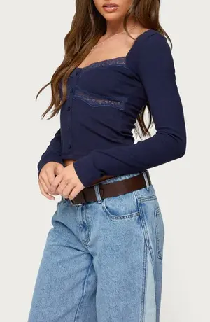 EDIKTED Lace Trim Button-up Shirt