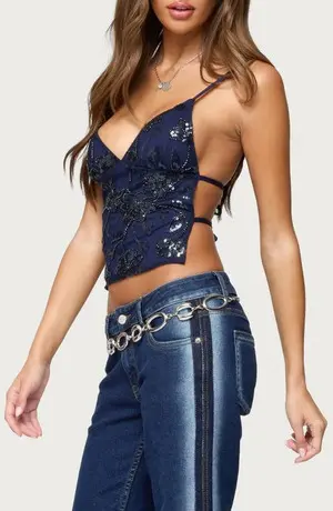 EDIKTED Sequin Flower Open Back Camisole - Navy