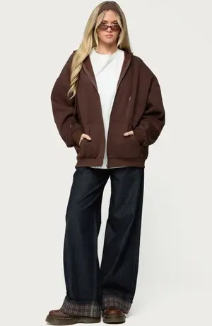EDIKTED Oversized Zip Fleece Hoodie - Brown