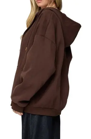 EDIKTED Oversized Zip Fleece Hoodie - Brown