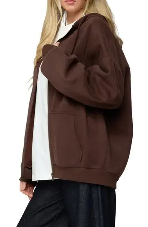 EDIKTED Oversized Zip Fleece Hoodie - Brown