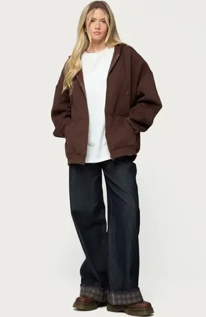 EDIKTED Oversized Zip Fleece Hoodie - Brown