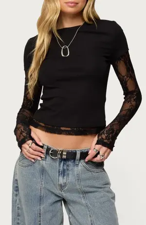 EDIKTED Layered Lace Sleeve T-shirt - Black