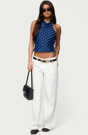 EDIKTED Polka Dot Open Back Halter Top - Navy