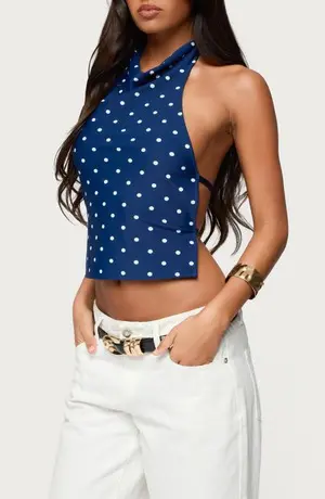 EDIKTED Polka Dot Open Back Halter Top - Navy