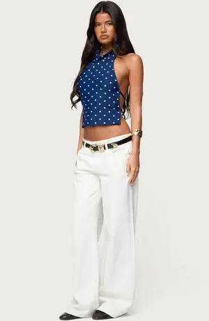 EDIKTED Polka Dot Open Back Halter Top - Navy