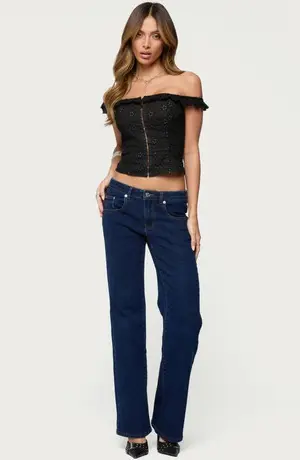 EDIKTED Jordana Ruffle Eyelet Crop Top - Black