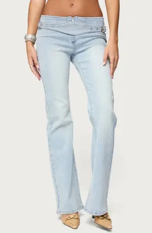 EDIKTED Kinza Belted Low Rise Flare Jeans - Light-blue