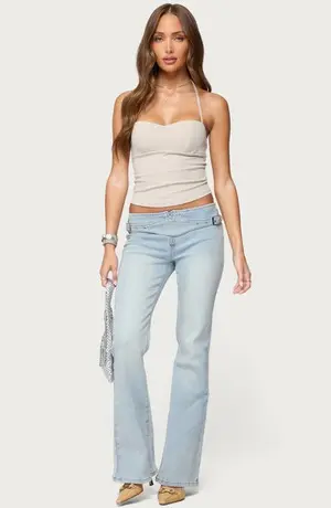 EDIKTED Kinza Belted Low Rise Flare Jeans - Light-blue