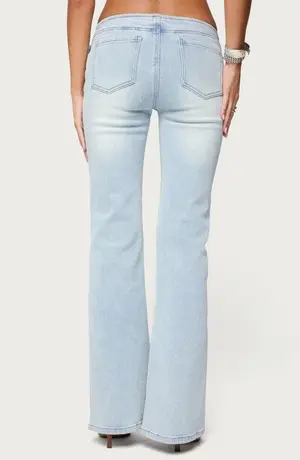 EDIKTED Kinza Belted Low Rise Flare Jeans - Light-blue