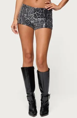 EDIKTED Sequin Leopard Print Microshorts - Black