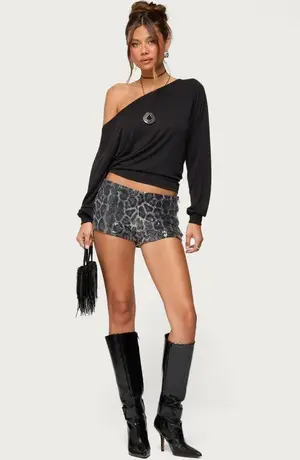 EDIKTED Sequin Leopard Print Microshorts - Black