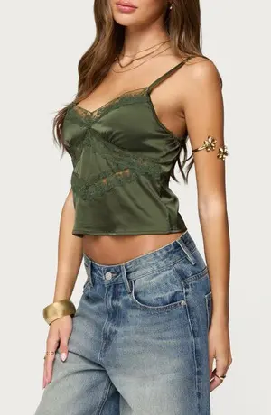 EDIKTED Tamar Lace Trim Satin Camisole - Olive