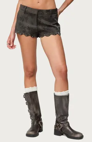 EDIKTED Zarina Studded Faux Suede Microshorts - Black