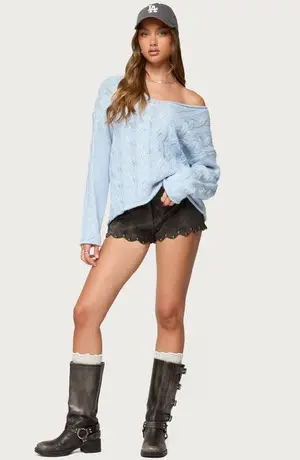 EDIKTED Zarina Studded Faux Suede Microshorts