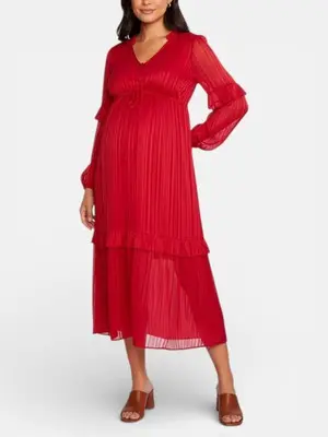 Motherhood Maternity V-neck Long Sleeve Tiered Maxi Dress - Bright Cherry
