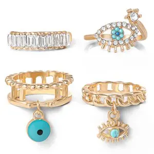 Jessica Simpson Charm Ring Set With Turquoise Accents - Gold