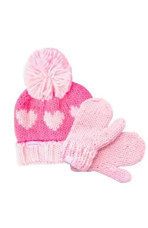 BITS & BOWS Heart Knit Hat And Mittens Set - Pink