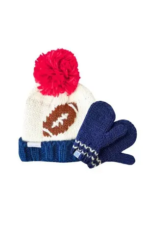 BITS & BOWS Football Knit Hat And Mittens Set - Red/ivory/navy