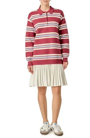 English Factory Stripe Long Sleeve Mixed Media Dress - Multi