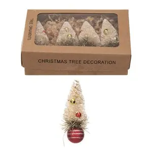 STORIED HOME Sisal Bottle Brush Tree Ornaments With Beads, Glass Ball Base And Glitter, Red And Cream - Pink