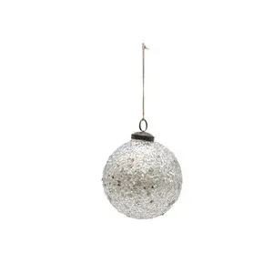 STORIED HOME Round Glass Ball Ornament With Mica Flakes - Silver