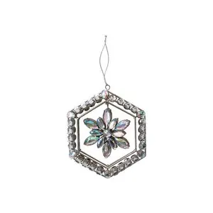 STORIED HOME Metal And Acrylic Jewel Snowflake Ornament With Hexagon Frame - Silver