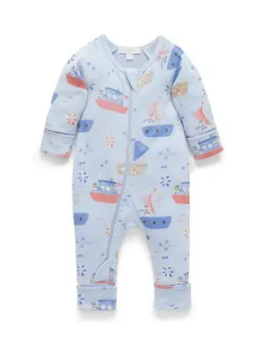 PUREBABY Rib Zip Printed Romper - Captain Doggy Print