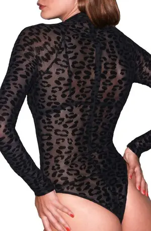 FLEUR DU MAL Leopard Flocked Long Sleeve Sheer Bodysuit