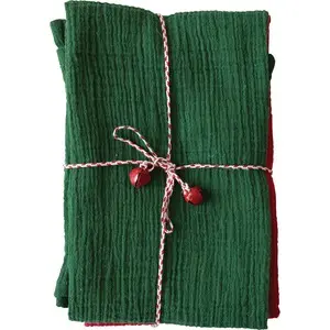 STORIED HOME Woven Cotton Double Cloth Tea Towels With String And Bells, Multicolor - Green