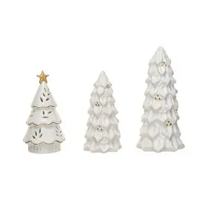 STORIED HOME Stoneware Christmas Trees With Gold Electroplating And Led - Cream