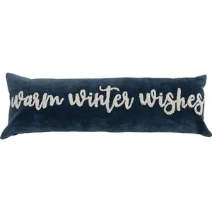 STORIED HOME Woven Cotton Velvet Lumbar Pillow With Embroidered "warm Winter Wishes - Navy