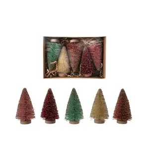 STORIED HOME 5-piece Sisal Bottle Brush Trees With Glitter And Wood Bases - Red