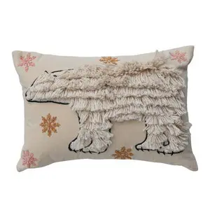 STORIED HOME Velvet Lumbar Pillow With Embroidered Fringe Polar Bear And Snowflakes - White