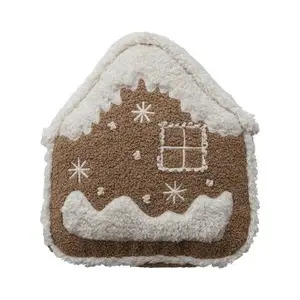 STORIED HOME Woven Fabric Bouclé Gingerbread House Shaped Pillow With Embroidery - Brown