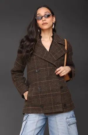 Avec Les Filles Double-breasted Plaid Coat With Tie Belt