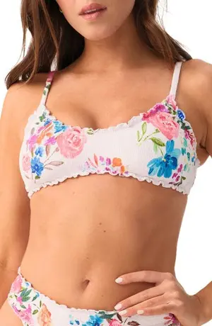 PQ Floral-print Smocked Bralette Bikini Top - Florencia