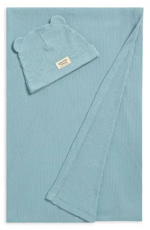 BELLA TUNNO Rib Swaddle Blanket & Hat Set Light Blue