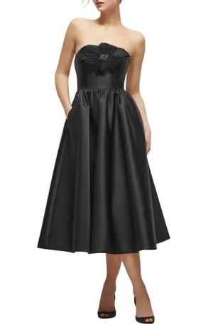 Dessy Collection Floral Embellished Fit & Flare Midi Cocktail Dress - Black