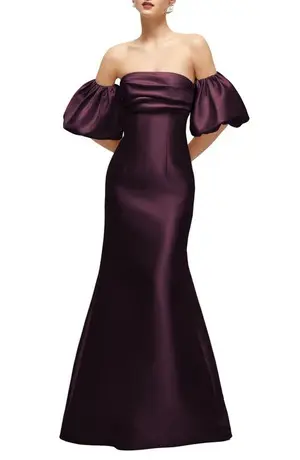 Alfred Sung Off-the-Shoulder Puff Sleeve Satin Gown Deep Plum