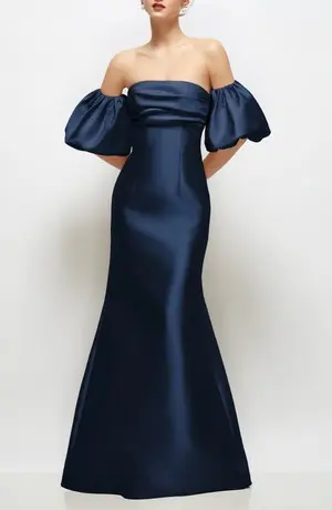 Alfred Sung Off-the-shoulder Puff Sleeve Satin Gown - Midnight