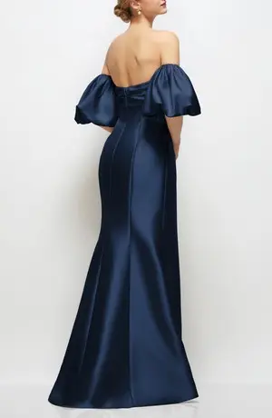 Alfred Sung Off-the-shoulder Puff Sleeve Satin Gown - Midnight