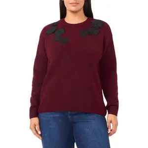 CECE DUPRAZ Floral Appliqué Crewneck Sweater - Wine