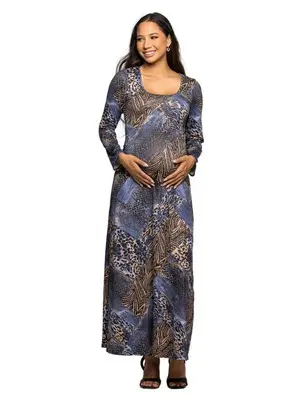 24SEVEN COMFORT APPAREL Animal Print Long Sleeve Maxi Dress - Blue Multi