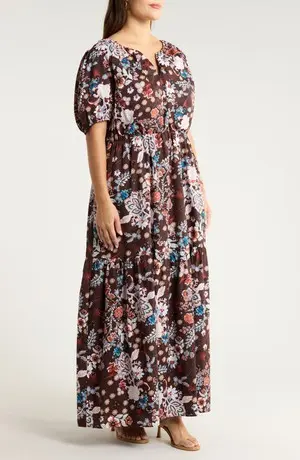 SUGARLIPS Floral Print Puff Sleeve Maxi Dress
