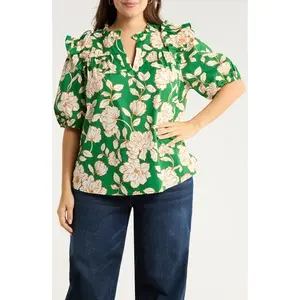SUGARLIPS Floral Print Cotton Poplin Shirt - Green-multi
