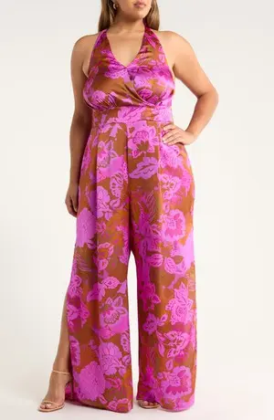 SUGARLIPS Floral Halter Jumpsuit - Rust-magenta