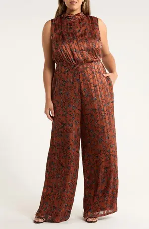 SUGARLIPS Leoben Pleated Sleeveless Satin Jumpsuit - Brown-black