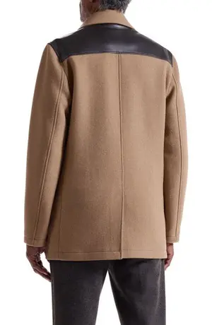 Bugatchi Leather Trim Wool Blend Tweed Peacoat - Camel