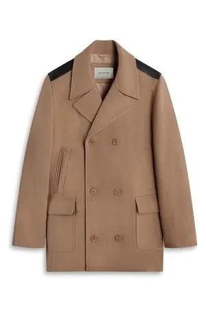 Bugatchi Leather Trim Wool Blend Tweed Peacoat - Camel